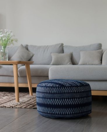 Geometric Pouffe Cushion w/ Blue & White Zigzag Pattern