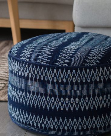 Geometric Pouffe Cushion w/ Blue & White Zigzag Pattern