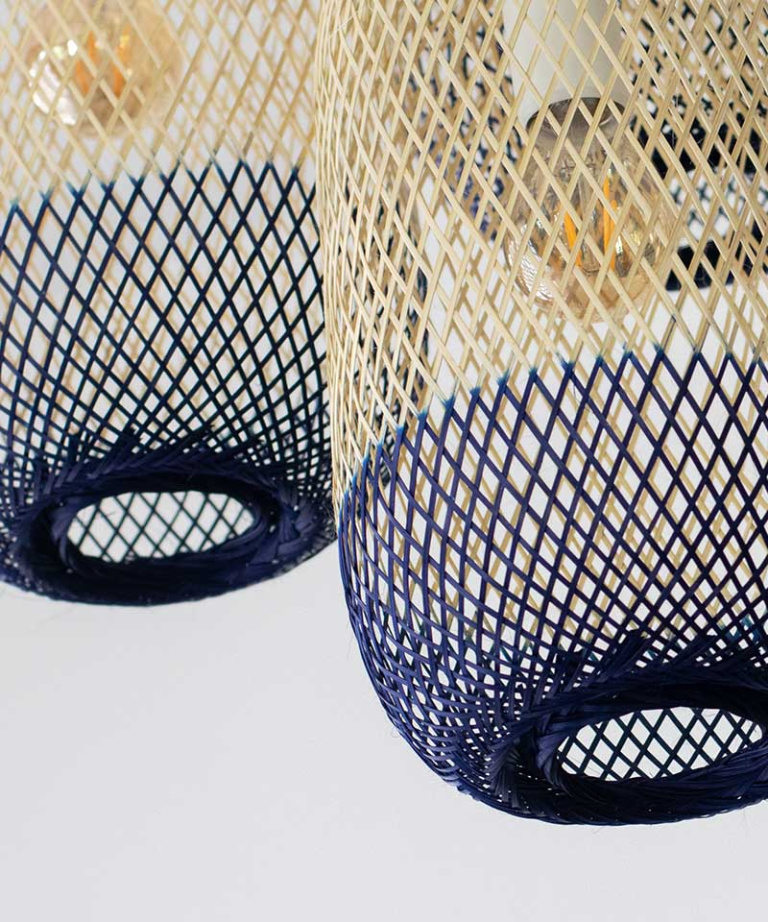 Deep Blue Two Tone Bamboo Pendant Lights - Triple Cluster Set