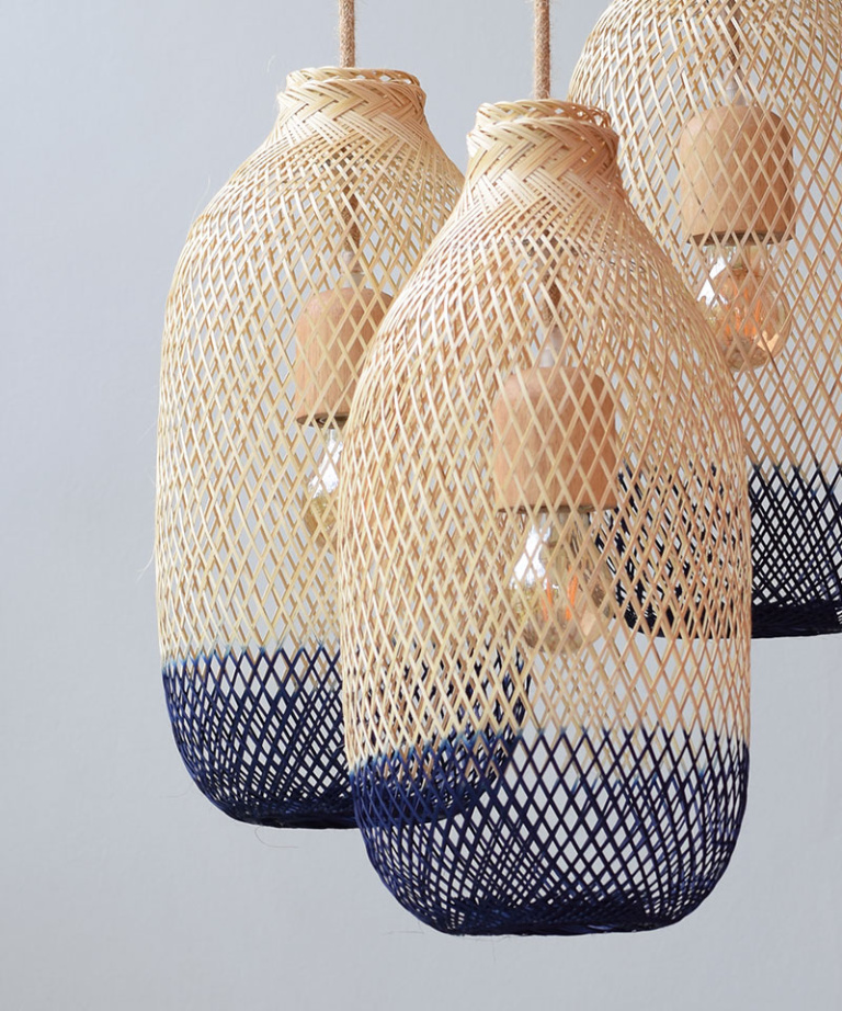 Deep Blue Two Tone Bamboo Pendant Lights - Triple Cluster Set
