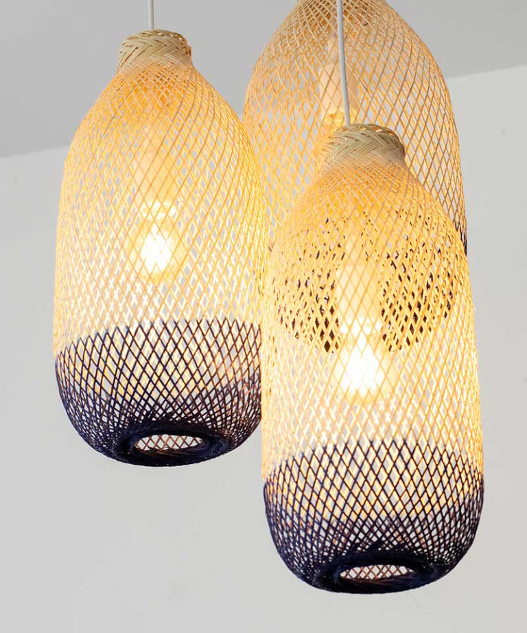 Deep Blue Two Tone Bamboo Pendant Lights - Triple Cluster Set