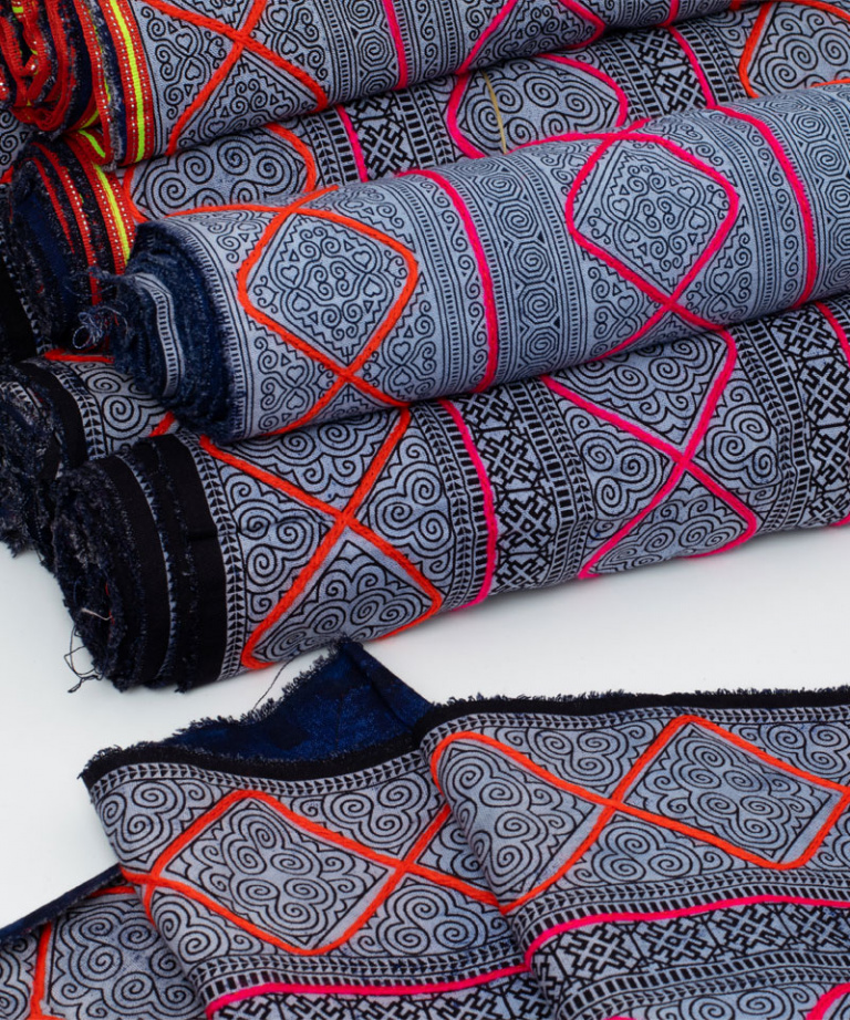 Colorful Hill Tribe Indigo Batik Embroidered Fabric Rolls