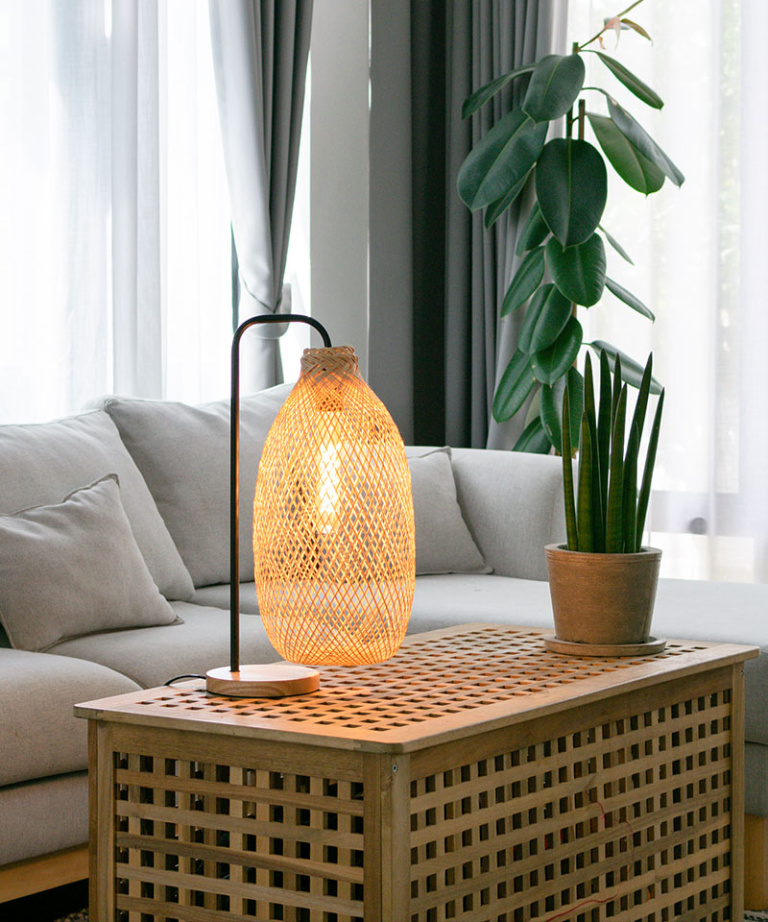Classic Bamboo Rattan Table Lamp - Black & Wood