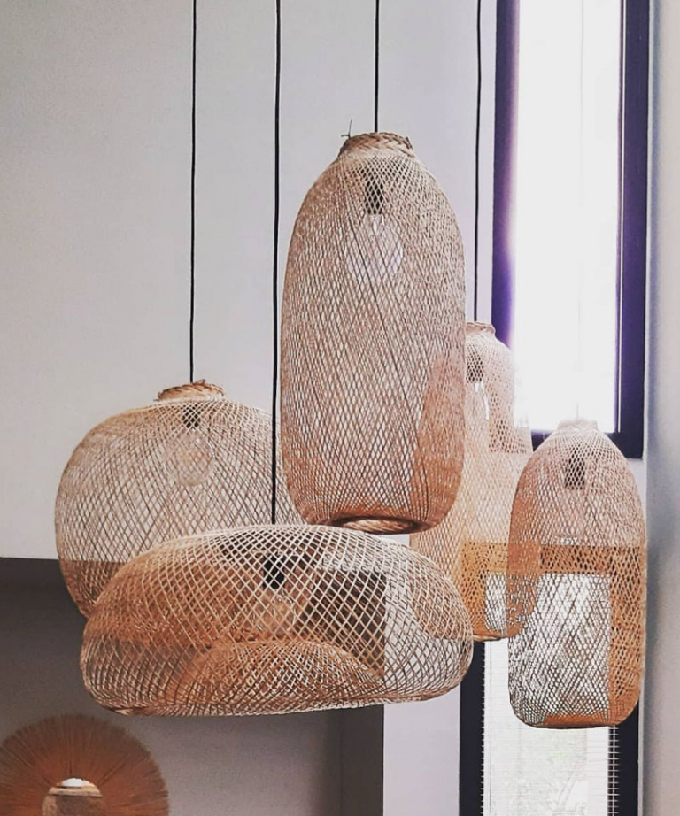 Thai Bamboo Fish Trap Pendant Light Shade - Plug-In Fixture