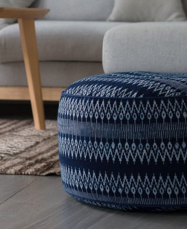 Geometric Pouffe Cushion w/ Blue & White Zigzag Pattern