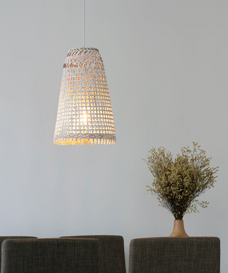 Cone Shaped Vintage White Bamboo Wood Pendant Light