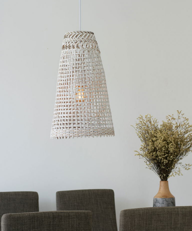 Cone Shaped Vintage White Bamboo Wood Pendant Light