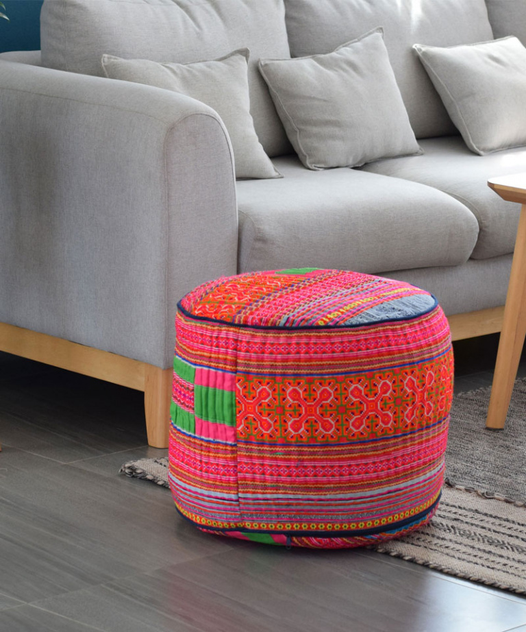 Hmong Hill Tribe Textile Embroidered Ottoman Pouf