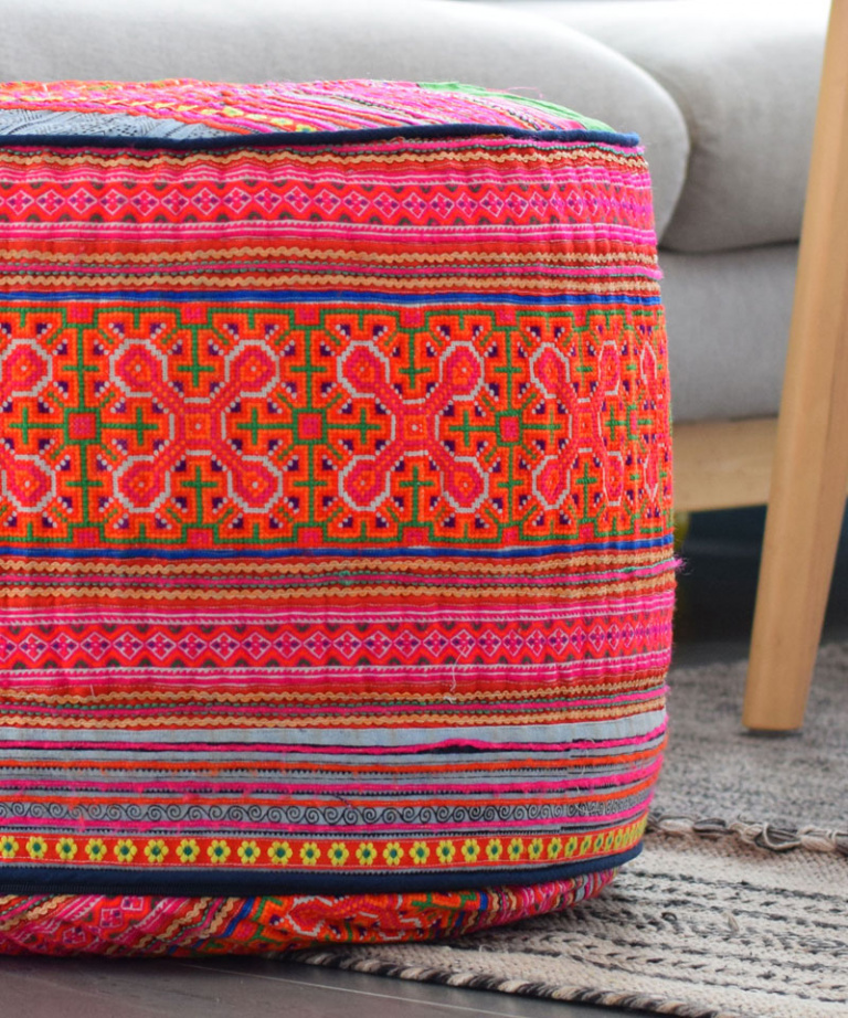 Hmong Hill Tribe Textile Embroidered Ottoman Pouf