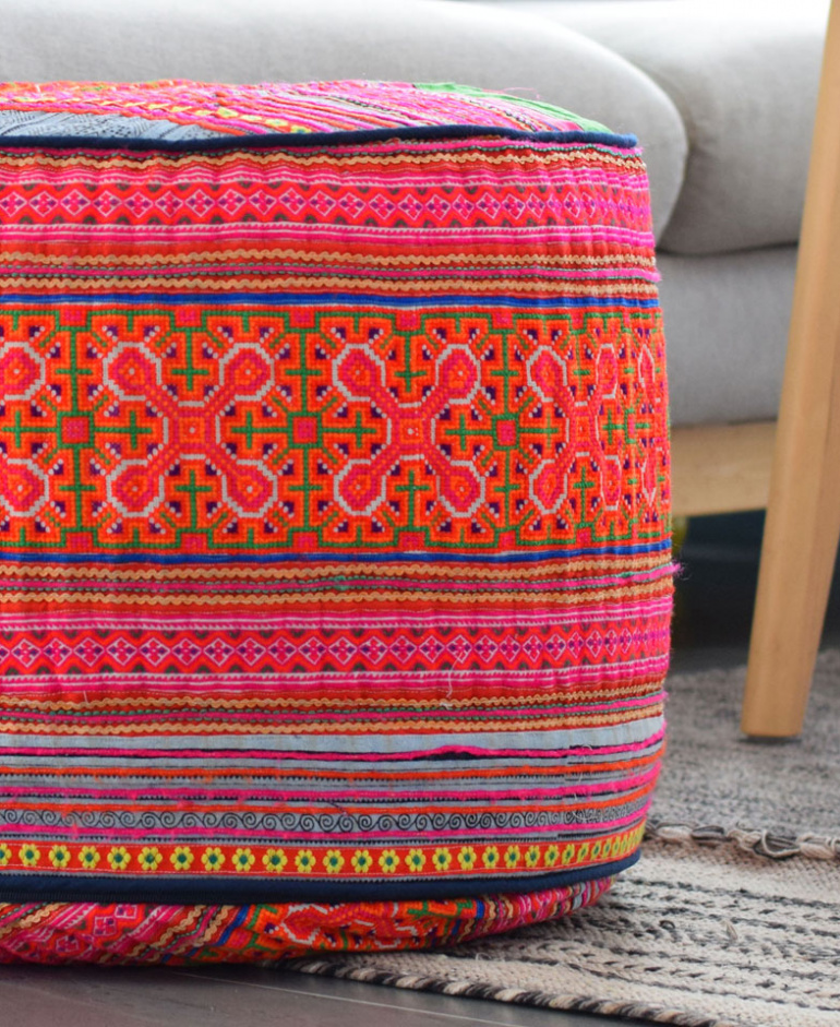 Embroidered Hmong Hill Tribe Textile Ottoman Pouf