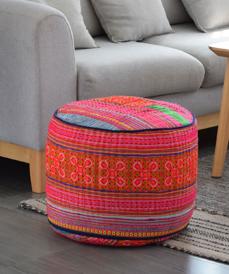 Hmong Hill Tribe Textile Embroidered Ottoman Pouf