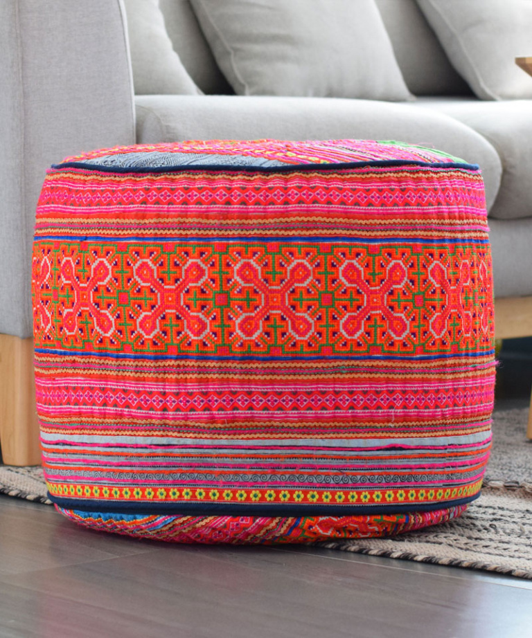 Hmong Hill Tribe Textile Embroidered Ottoman Pouf