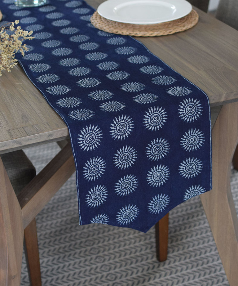 Hill Tribe Fabric White & Blue Table Runner