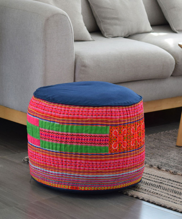 Hmong Hill Tribe Fabric Embroidered Ottoman Pouf