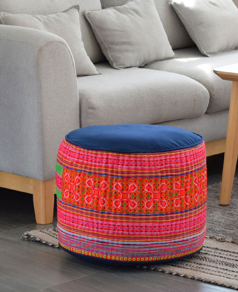 Embroidered Hmong Hill Tribe Textile Ottoman Pouf