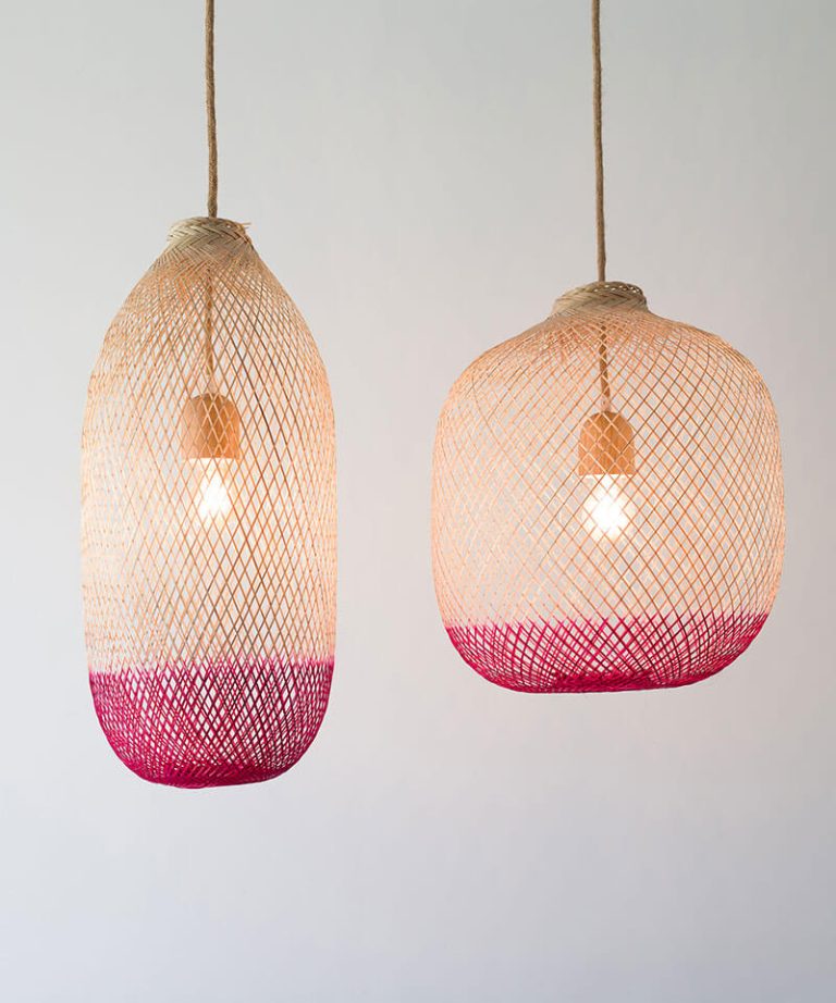 Flexible Woven Bamboo Rattan & Hot Pink Light Fixture Set
