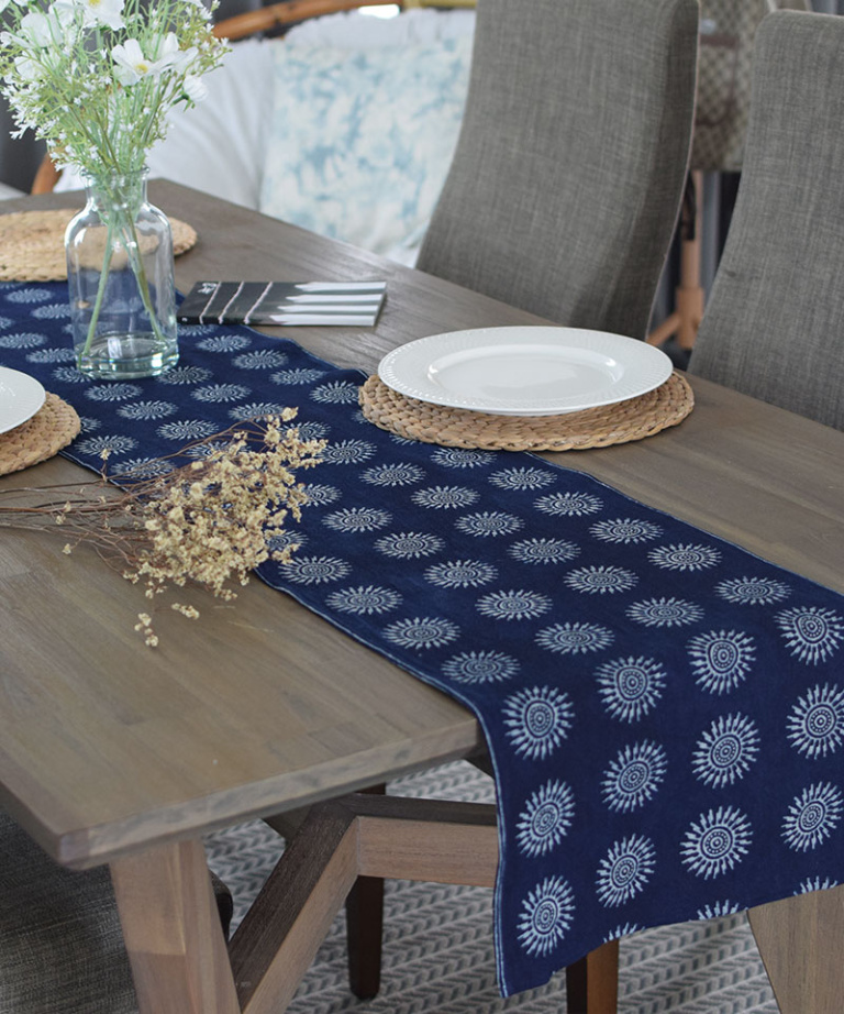 Hill Tribe Fabric White Blue Table Runner