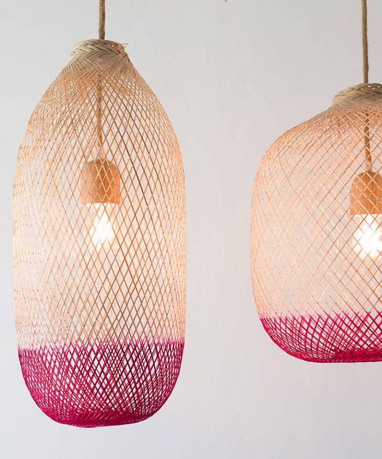 Flexible Woven Bamboo Rattan & Hot Pink Light Fixture Set