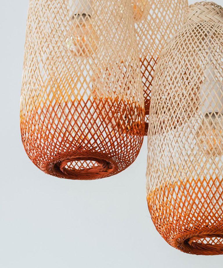 Two Tone Woven Bamboo Rust Orange Pendant Light Cluster