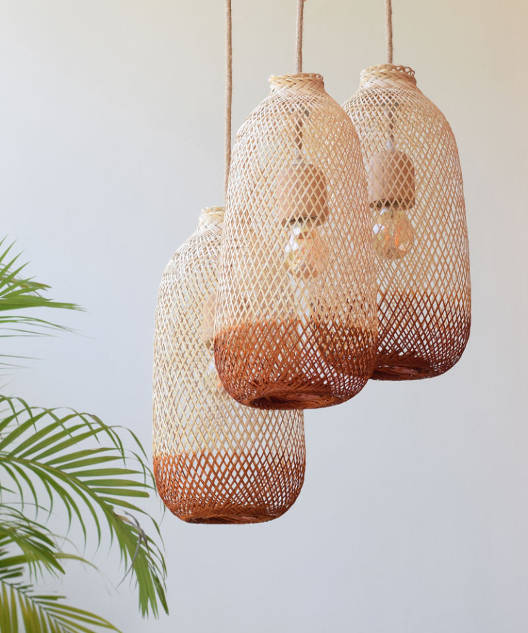 Two Tone Woven Bamboo Rust Orange Pendant Light Cluster