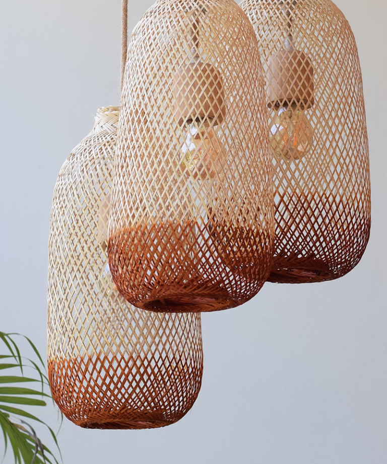 Two Tone Woven Bamboo Rust Orange Pendant Light Cluster