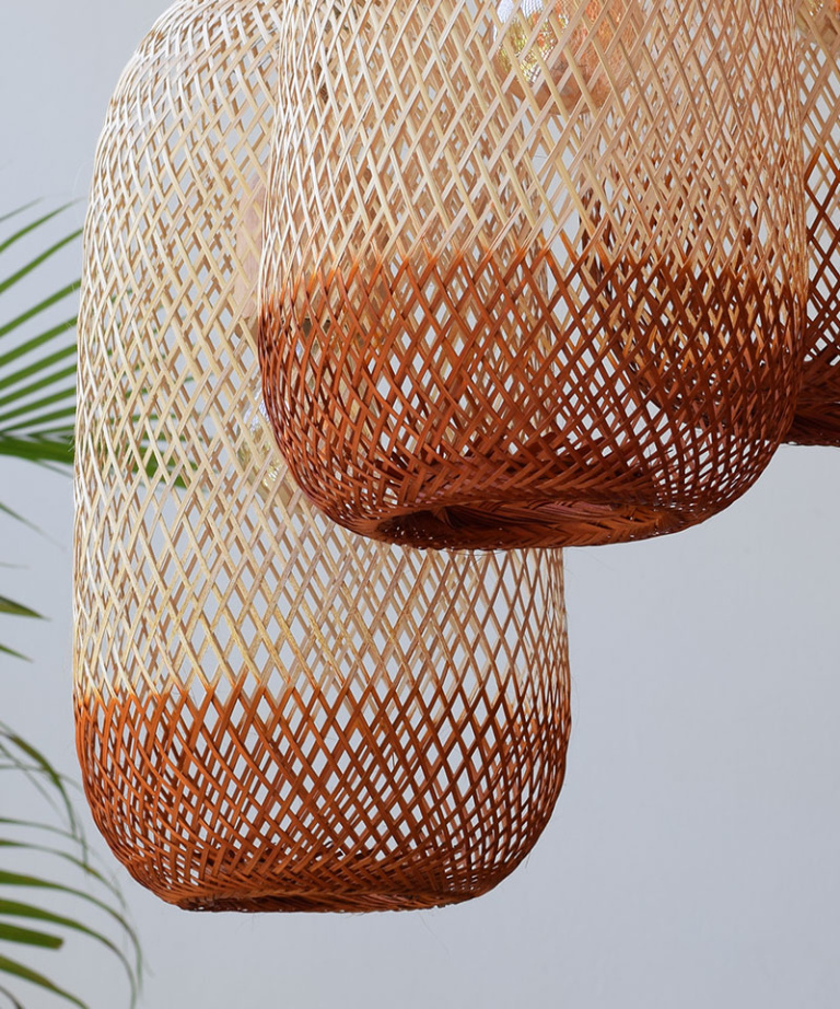 Two Tone Woven Bamboo Rust Orange Pendant Light Cluster