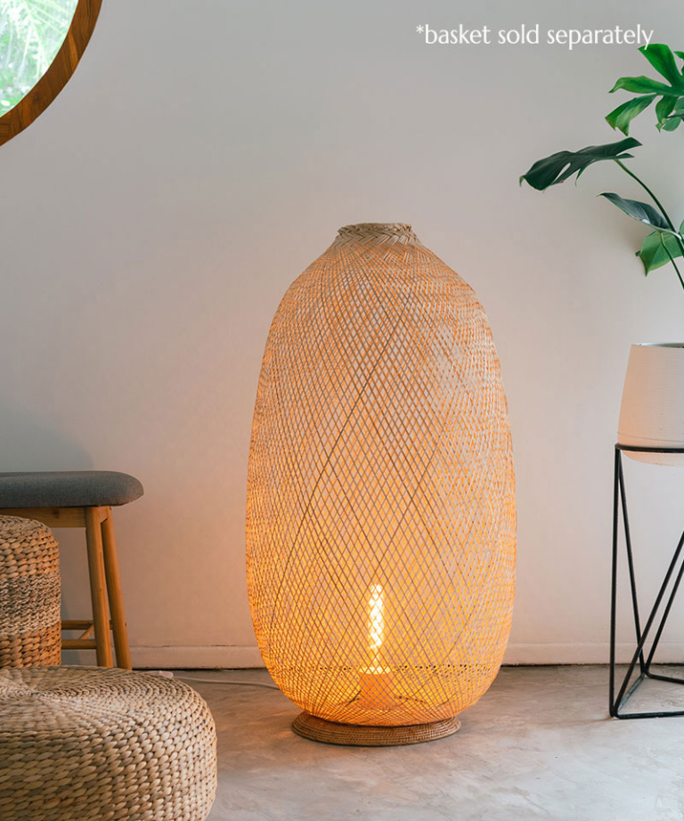 Rattan Wood Standing Floor Lamp Base w/ Plug & Switch - Lanna Passa