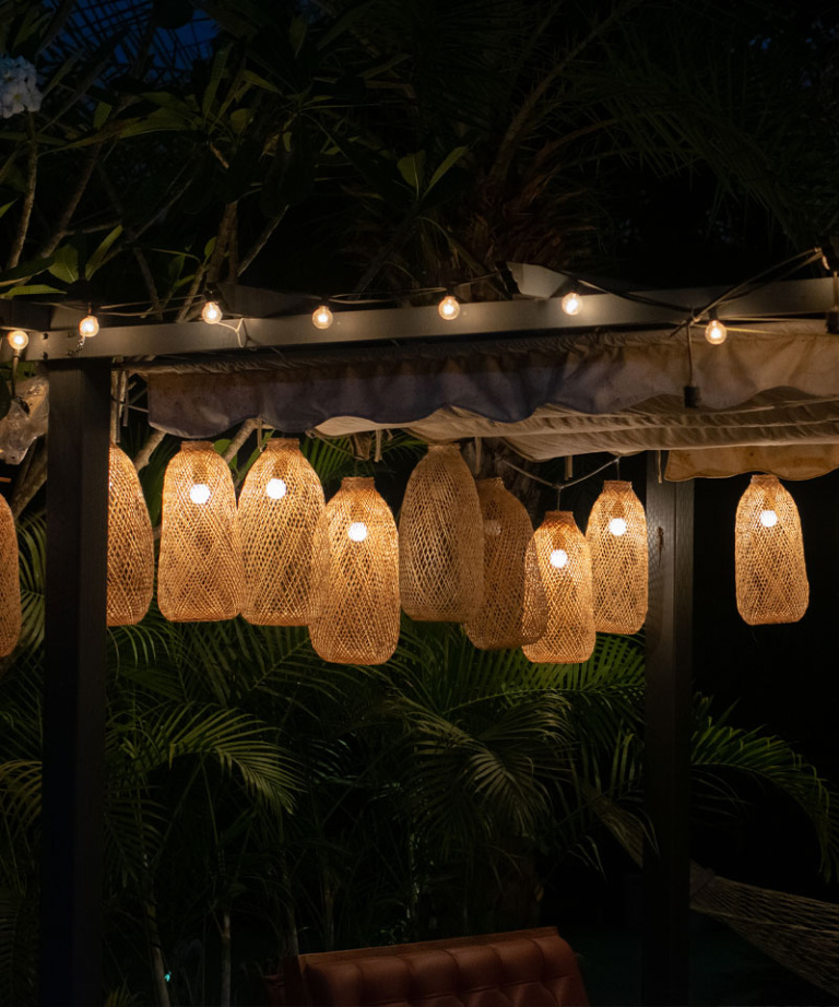 Outdoor Bamboo Pendant Light Set - 5m Cable / 15 Basket