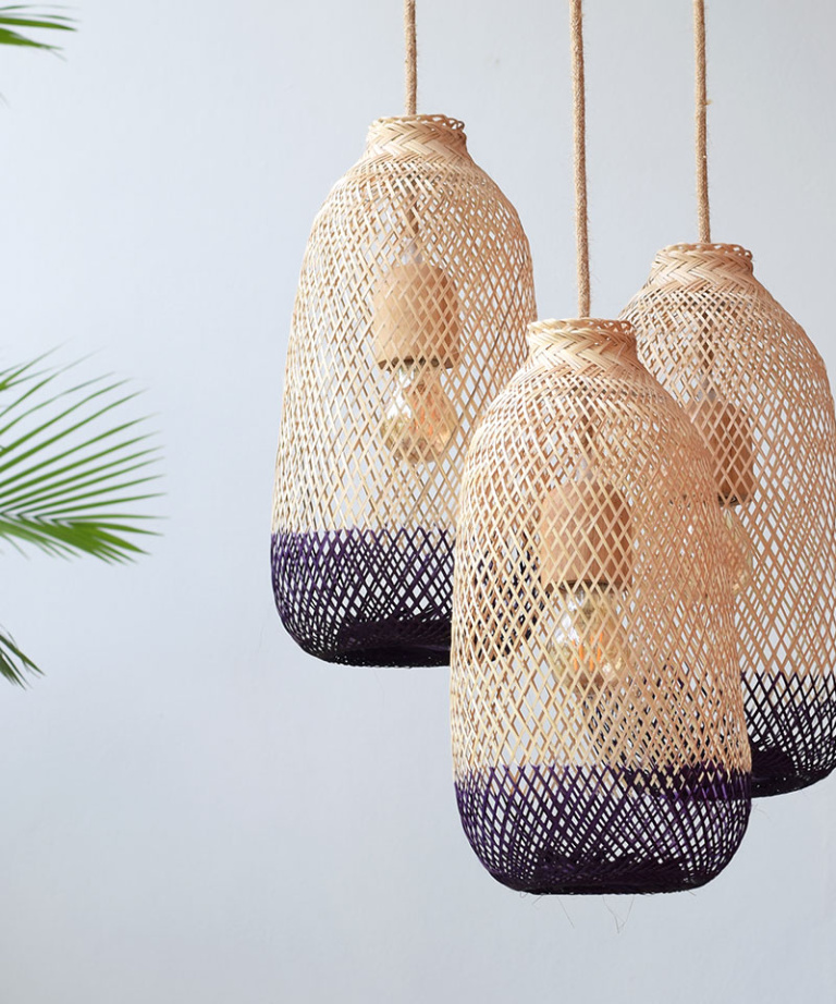 Purple Two Tone Bamboo Pendant Lights - Triple Cluster Set