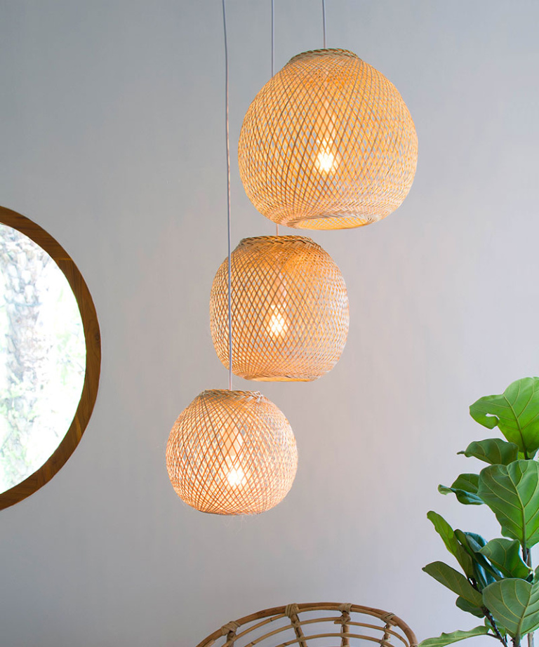 Natural Wood Sphere Orb Globe Chandelier Cluster Light Set