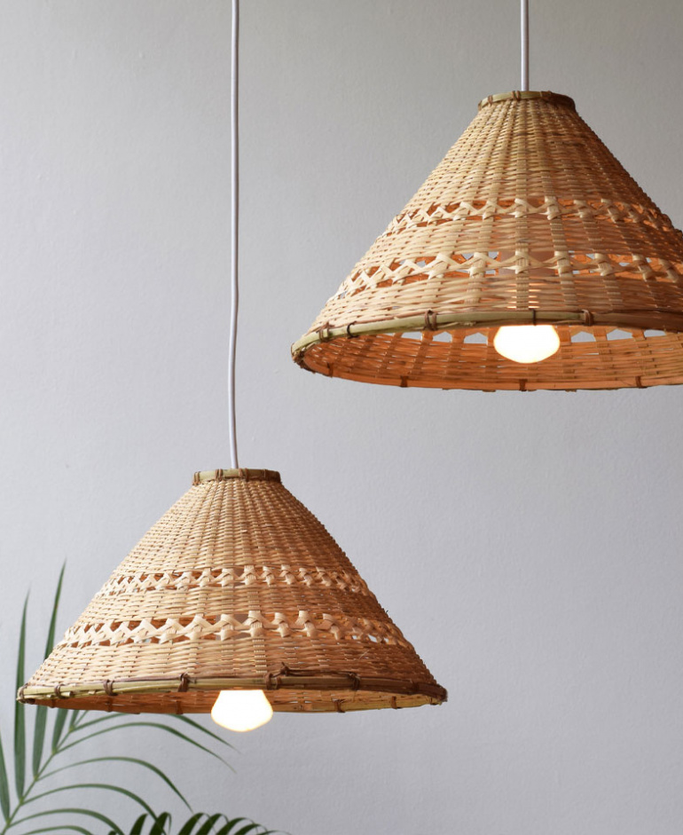 Rustic Cone Shaped Bamboo Pendant Shade - Plug In / Swag