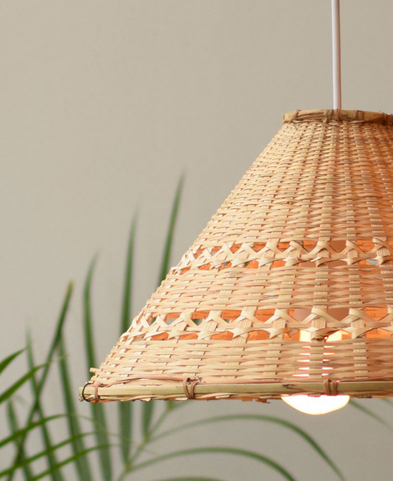 Rustic Cone Shaped Bamboo Pendant Shade - Plug In / Swag