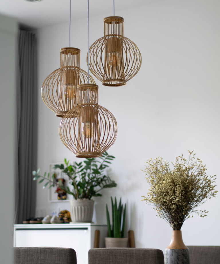 Rustic Rattan Pendant Lights - Triple Cluster Canopy