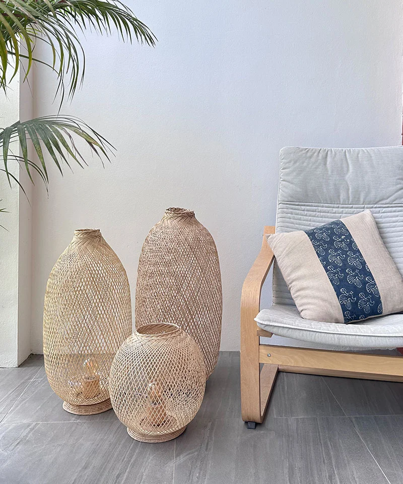 Set of 3 - Standing Woven Bamboo Rattan Floor Lamps