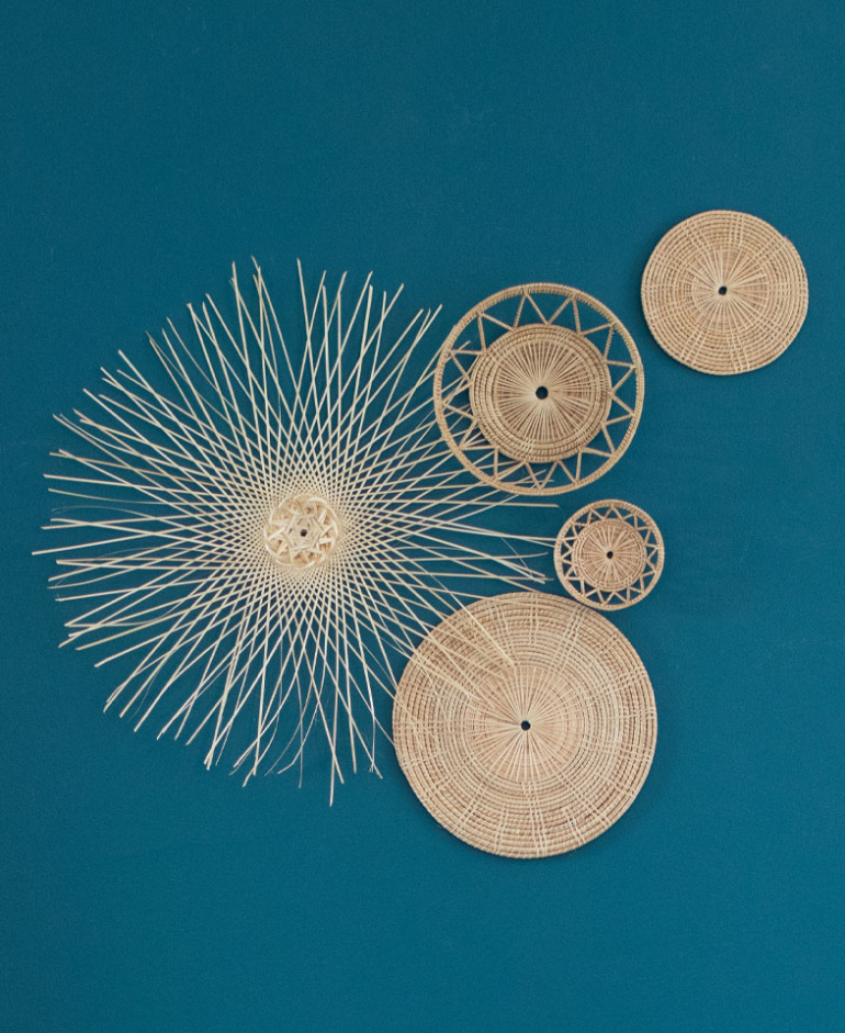 Set of 5 Handwoven Brown Rattan Bowl Wall Decor