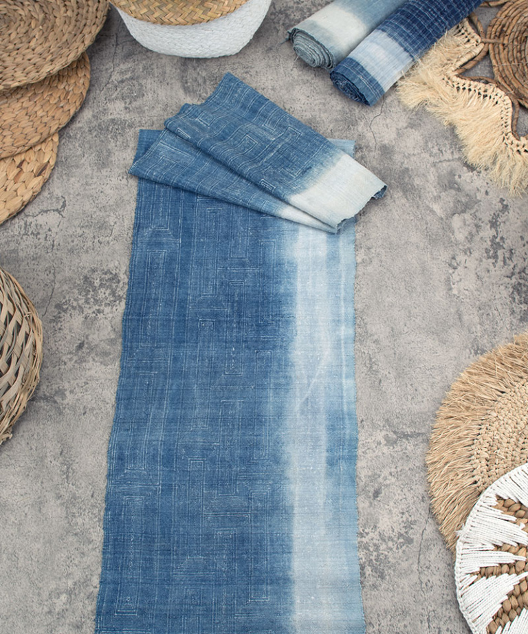 Vintage Hill Tribe Indigo Hemp Batik Fabric Runner - 83x12in