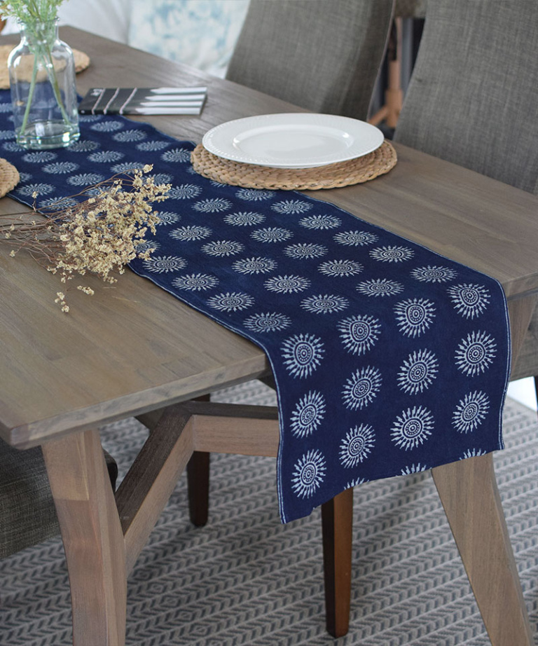 Hill Tribe Fabric White & Blue Table Runner