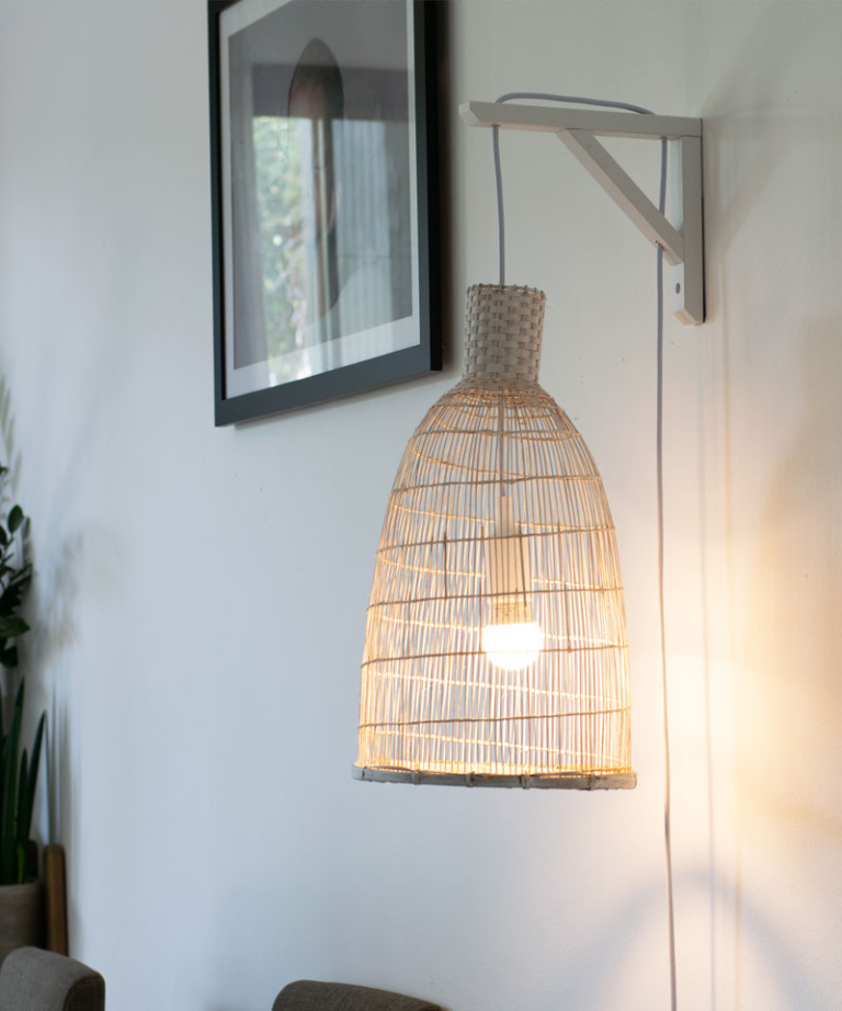 White Wall Sconce Light - Plug In Bamboo Wood Wall Lamp