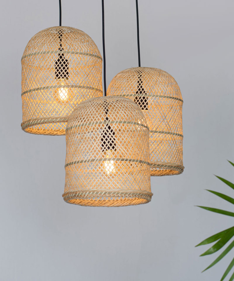 Woven Bamboo Pendant Lights - Triple Cluster Canopy