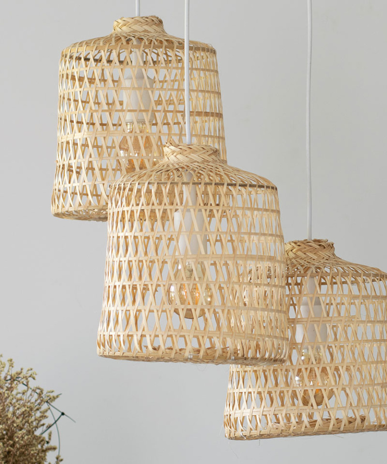 Woven Basket Bamboo Pendant Lights - Triple Cluster Canopy