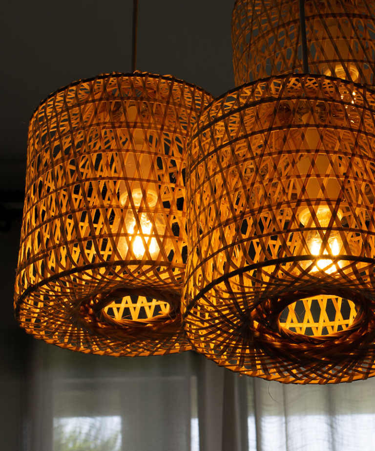 Woven Basket Bamboo Pendant Lights - Triple Cluster Canopy