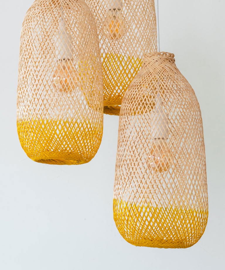 Yellow Two Tone Bamboo Pendant Light Set - Triple Cluster