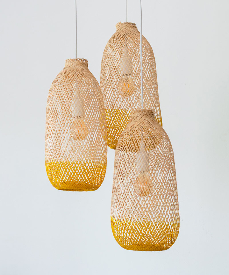 Yellow Two Tone Bamboo Pendant Light Set - Triple Cluster