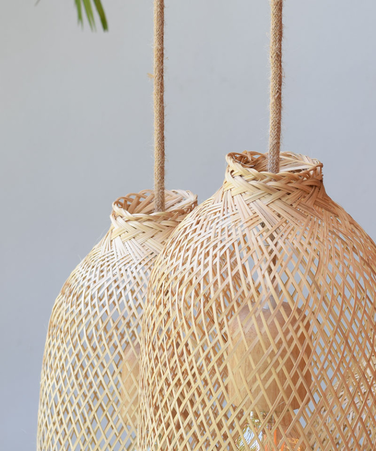 Wood & Rope Bamboo Pendant Light Set - Triple Cluster Canopy