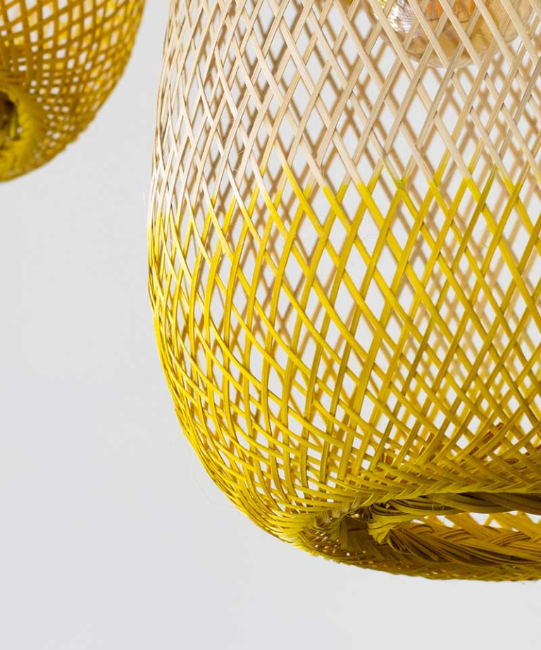 Yellow Two Tone Bamboo Pendant Light Set - Triple Cluster
